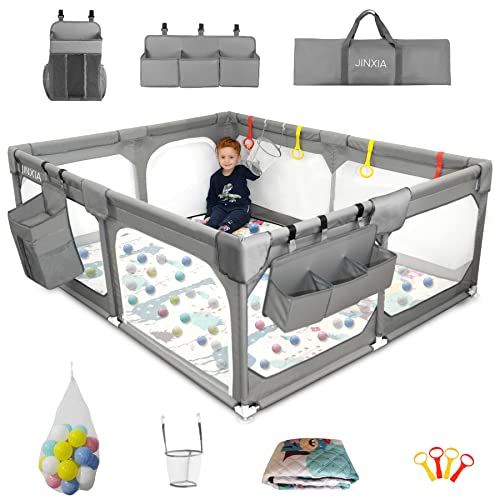 Baby Playpen Set(Grey 75"*59"), playpin for Babies and Toddlers, Extra Large Baby Fence Area with Anti-Slip Base,Playard Indoor & Outdoor with Playmat