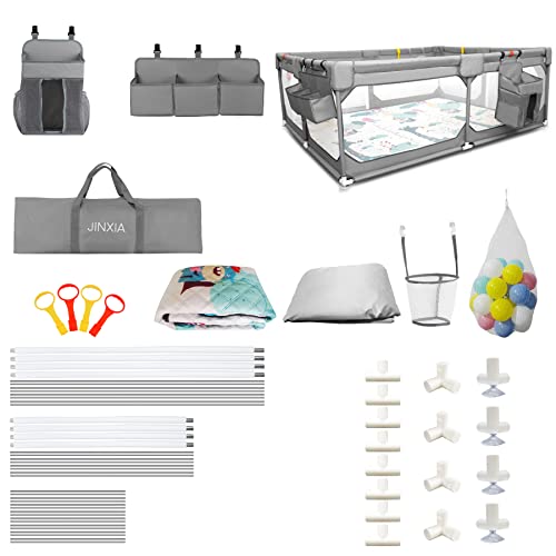 Baby Playpen Set(Grey 75"*59"), playpin for Babies and Toddlers, Extra Large Baby Fence Area with Anti-Slip Base,Playard Indoor & Outdoor with Playmat