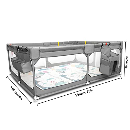 Baby Playpen Set(Grey 75"*59"), playpin for Babies and Toddlers, Extra Large Baby Fence Area with Anti-Slip Base,Playard Indoor & Outdoor with Playmat