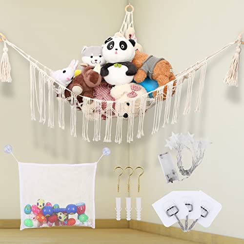 Stuffed Animal Hammock Macrame with Light and Storage Bag, Toy Hammock Corner Organizer Display Holder Net for Hanging Toy Storage and Home Cleaning（Beige）