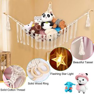 Stuffed Animal Hammock Macrame with Light and Storage Bag, Toy Hammock Corner Organizer Display Holder Net for Hanging Toy Storage and Home Cleaning（Beige）