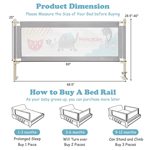 BABY JOY Bed Rail for Toddlers, 69’’ Extra Long, Height Adjustable & Foldable Baby Bed Rail Guard w/Breathable Mesh & Double Safety Child Lock for Kids Twin Double Full Size Queen King Mattress, Gray