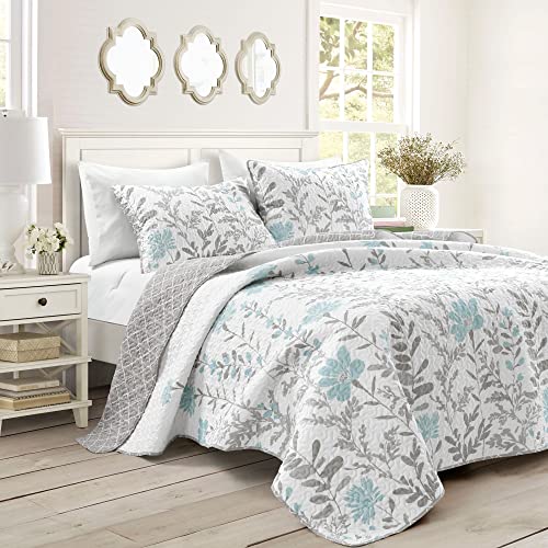 Lush Decor Yellow Aprile Reversible Quilt 3 Piece Floral Leaf Design Bedding Set, Full/Queen, Blue & Gray