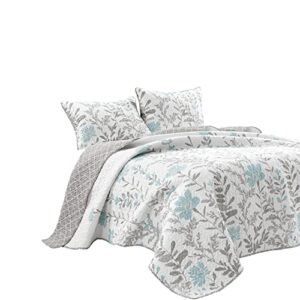 Lush Decor Yellow Aprile Reversible Quilt 3 Piece Floral Leaf Design Bedding Set, Full/Queen, Blue & Gray