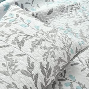 Lush Decor Yellow Aprile Reversible Quilt 3 Piece Floral Leaf Design Bedding Set, Full/Queen, Blue & Gray