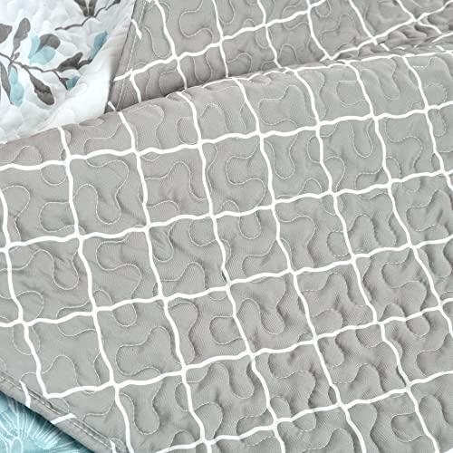 Lush Decor Yellow Aprile Reversible Quilt 3 Piece Floral Leaf Design Bedding Set, Full/Queen, Blue & Gray