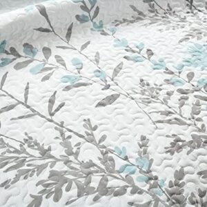 Lush Decor Yellow Aprile Reversible Quilt 3 Piece Floral Leaf Design Bedding Set, Full/Queen, Blue & Gray