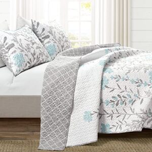 Lush Decor Yellow Aprile Reversible Quilt 3 Piece Floral Leaf Design Bedding Set, Full/Queen, Blue & Gray