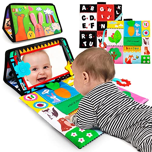 beetoy Tummy Time Baby Mirror Toys with Black and White Pattern, Double High Contrast 3D Activity Play Crinkle Toys Foldable Baby Mirror Sensory Development Toys for Newborn 0 3 6 Months