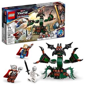 lego marvel attack on new asgard, thor buildable toy 76207 with hammer, stormbreaker and monster figure, love and thunder movie set