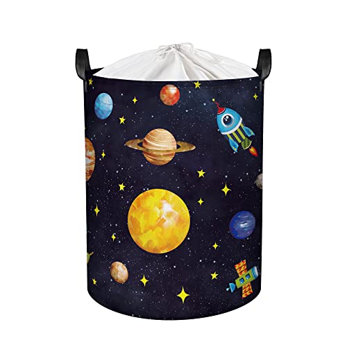 Clastyle 45L Boys Black Planets Nursery Hamper Collapsible Outer Space Laundry Basket with Drawstring Waterproof Kids Room Storage Basket with Handle, 14 * 17.7 in