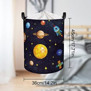 Clastyle 45L Boys Black Planets Nursery Hamper Collapsible Outer Space Laundry Basket with Drawstring Waterproof Kids Room Storage Basket with Handle, 14 * 17.7 in