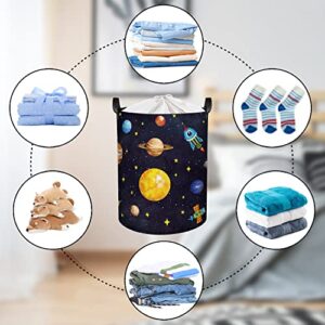 Clastyle 45L Boys Black Planets Nursery Hamper Collapsible Outer Space Laundry Basket with Drawstring Waterproof Kids Room Storage Basket with Handle, 14 * 17.7 in