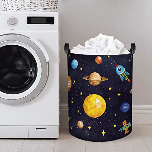 Clastyle 45L Boys Black Planets Nursery Hamper Collapsible Outer Space Laundry Basket with Drawstring Waterproof Kids Room Storage Basket with Handle, 14 * 17.7 in