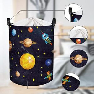 Clastyle 45L Boys Black Planets Nursery Hamper Collapsible Outer Space Laundry Basket with Drawstring Waterproof Kids Room Storage Basket with Handle, 14 * 17.7 in