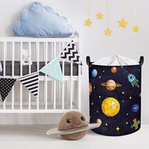 Clastyle 45L Boys Black Planets Nursery Hamper Collapsible Outer Space Laundry Basket with Drawstring Waterproof Kids Room Storage Basket with Handle, 14 * 17.7 in