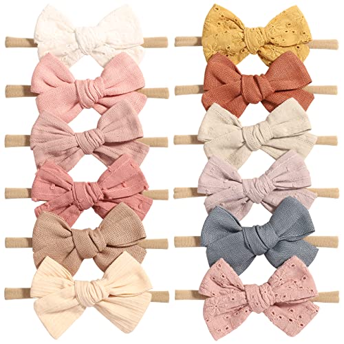 jollybows 12pcs Baby Girls Hair Bows Nylon Elastic Headband Hair Accessories for Infants Toddlers Newborn