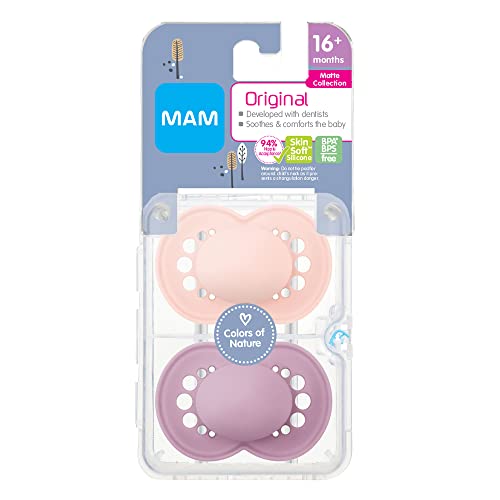 MAM Original Matte Baby Pacifier, Nipple Shape Helps Promote Healthy Oral Development, Sterilizer Case, 2 Pack, 16+ Months, Girl,2 Count (Pack of 1)