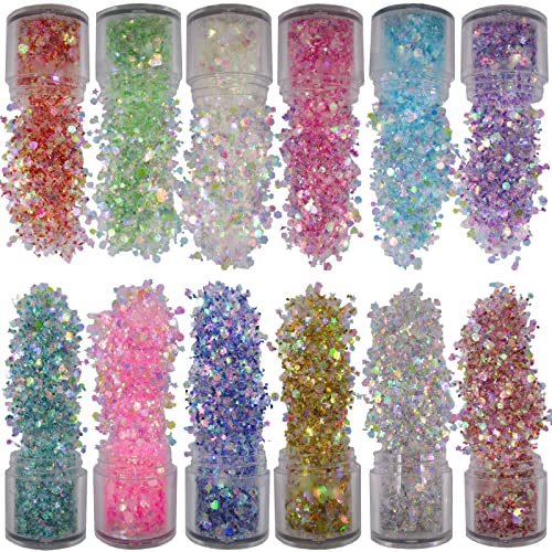 12 Bottle Opal Mermaid Chunky Glitter Iridescent Heart Star Hexagon Aurora Body Nails Glitters Resin Epoxy Accessories Crafts Supplies for Nails Art Tips Resin Mold Makeup