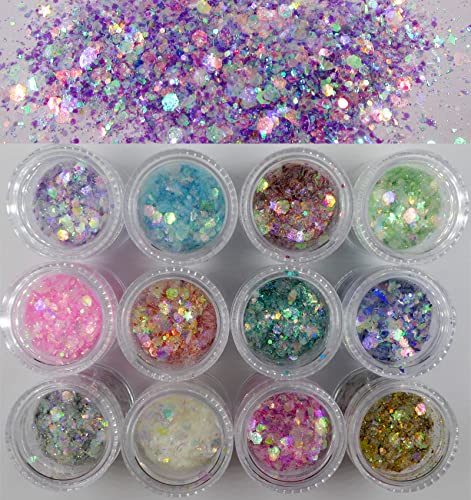 12 Bottle Opal Mermaid Chunky Glitter Iridescent Heart Star Hexagon Aurora Body Nails Glitters Resin Epoxy Accessories Crafts Supplies for Nails Art Tips Resin Mold Makeup