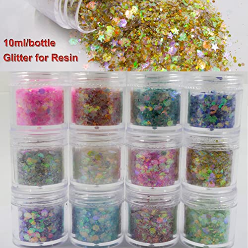 12 Bottle Opal Mermaid Chunky Glitter Iridescent Heart Star Hexagon Aurora Body Nails Glitters Resin Epoxy Accessories Crafts Supplies for Nails Art Tips Resin Mold Makeup