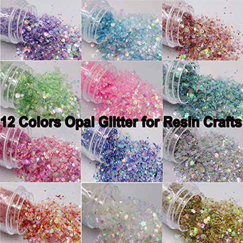 12 Bottle Opal Mermaid Chunky Glitter Iridescent Heart Star Hexagon Aurora Body Nails Glitters Resin Epoxy Accessories Crafts Supplies for Nails Art Tips Resin Mold Makeup