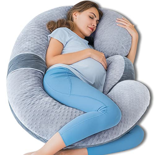 QUEEN ROSE Pregnancy Pillows, E Shaped Full Body Pillow for Sleeping, with Pregnancy Wedge Pillow for Belly Support, 60 Inch Maternity Pillow for Side Sleeper, Grey Bubble Velvet