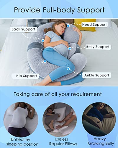 QUEEN ROSE Pregnancy Pillows, E Shaped Full Body Pillow for Sleeping, with Pregnancy Wedge Pillow for Belly Support, 60 Inch Maternity Pillow for Side Sleeper, Grey Bubble Velvet