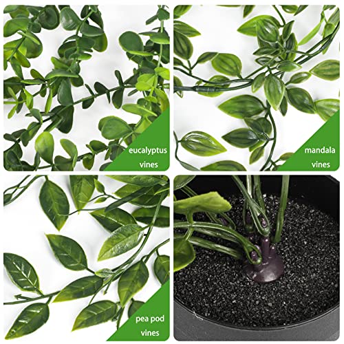 WXBOOM 3 Pack Artificial Hanging Plants Fake Potted Greenery Eucalyptus ,Faux Mandala Vine in Pot for Home Room Indoor Outdoor Shelf Decor