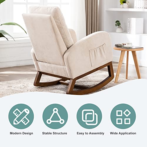 Nursery Rocking Chair,Upholstered Fabric Accent Armchair,Wooden Padded Seat with 2-Side Pocket,Nursing Chair with Rubber Wood Legs,Glider Chair for Nursery,Living Room,Home Office (Beige)