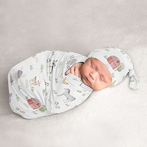 Sweet Jojo Designs Farm Animals Boy Girl Cocoon and Beanie Hat Set Jersey Stretch Knit Sleeping Bag for Infant Newborn Nursery Sleep Wrap Sack - Watercolor Farmhouse Horse Cow Sheep Pig Gender Neutral