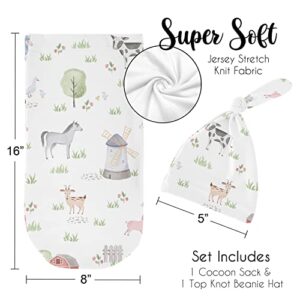 Sweet Jojo Designs Farm Animals Boy Girl Cocoon and Beanie Hat Set Jersey Stretch Knit Sleeping Bag for Infant Newborn Nursery Sleep Wrap Sack - Watercolor Farmhouse Horse Cow Sheep Pig Gender Neutral