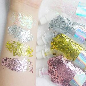 GL-Turelifes Body Glitter Gel, Easy to Apply&Remove 50ml Mermaid Sequins Chunky Glitter for Body Face Hair, Festival Glitter Halloween Costume Makeup Long Lasting Sparkling (Silver(Chunky Glitter))