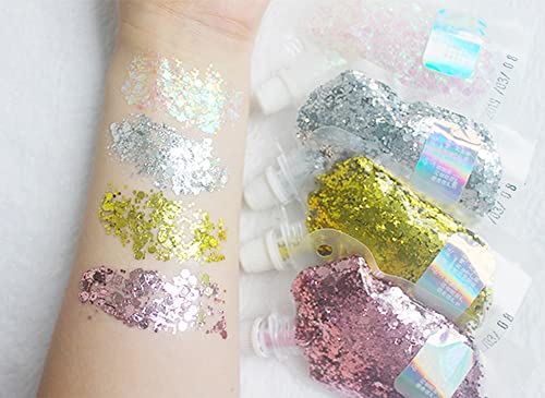 GL-Turelifes Body Glitter Gel, Easy to Apply&Remove 50ml Mermaid Sequins Chunky Glitter for Body Face Hair, Festival Glitter Halloween Costume Makeup Long Lasting Sparkling (Silver(Chunky Glitter))