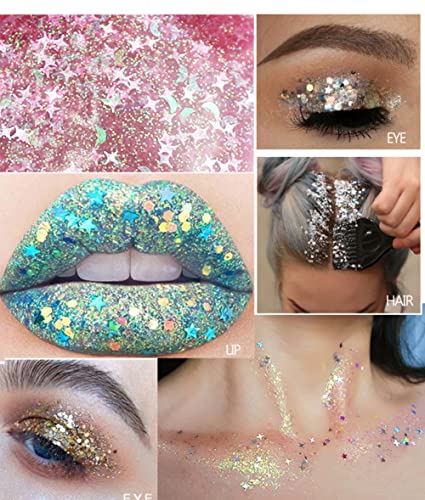 GL-Turelifes Body Glitter Gel, Easy to Apply&Remove 50ml Mermaid Sequins Chunky Glitter for Body Face Hair, Festival Glitter Halloween Costume Makeup Long Lasting Sparkling (Silver(Chunky Glitter))