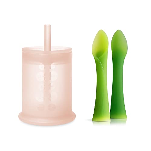 Olababy 100% Silicone Training Cup with Straw Lid (Coral) and Training Spoon Set Bundle