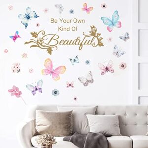 colorful butterflies wall sticker, simplicity butterfly english words wall decal, be your own kind of inspirational quotes wall décor, diy flower vinyl art mural for girls bedroom nursery living room