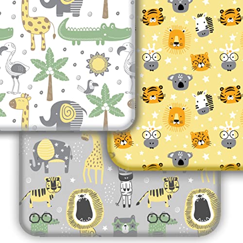 GROW WILD Pack n Play Sheets | Mini Crib Sheets 3-Pack, Soft Pack and Play Sheets, Premium Bassinet Sheet, Safari Elephant Yellow Gray White