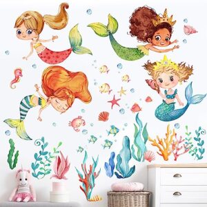 mfault multicultural mermaid under the sea animal wall decal stickers, ocean creature marine life seaweed nursery decoration baby girl bedroom playroom art, underwater toddler kid room bathroom decor