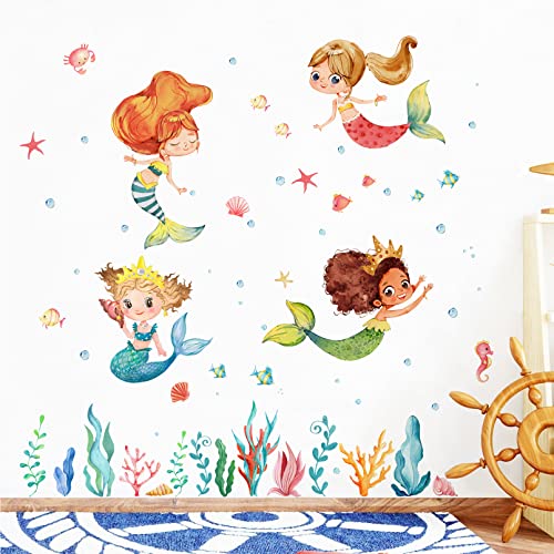 Mfault Multicultural Mermaid Under The Sea Animal Wall Decal Stickers, Ocean Creature Marine Life Seaweed Nursery Decoration Baby Girl Bedroom Playroom Art, Underwater Toddler Kid Room Bathroom Decor