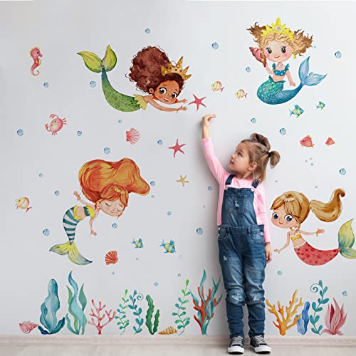 Mfault Multicultural Mermaid Under The Sea Animal Wall Decal Stickers, Ocean Creature Marine Life Seaweed Nursery Decoration Baby Girl Bedroom Playroom Art, Underwater Toddler Kid Room Bathroom Decor