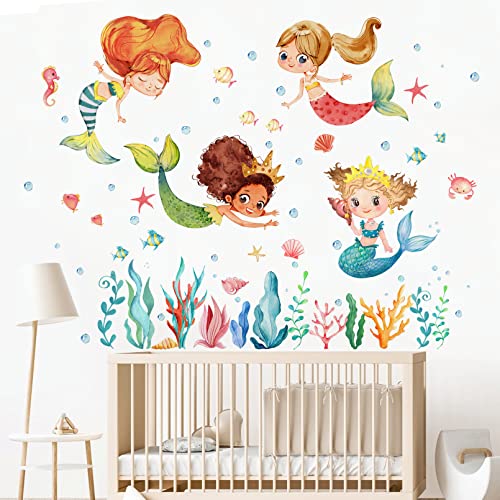 Mfault Multicultural Mermaid Under The Sea Animal Wall Decal Stickers, Ocean Creature Marine Life Seaweed Nursery Decoration Baby Girl Bedroom Playroom Art, Underwater Toddler Kid Room Bathroom Decor