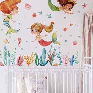 Mfault Multicultural Mermaid Under The Sea Animal Wall Decal Stickers, Ocean Creature Marine Life Seaweed Nursery Decoration Baby Girl Bedroom Playroom Art, Underwater Toddler Kid Room Bathroom Decor