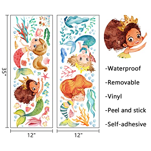 Mfault Multicultural Mermaid Under The Sea Animal Wall Decal Stickers, Ocean Creature Marine Life Seaweed Nursery Decoration Baby Girl Bedroom Playroom Art, Underwater Toddler Kid Room Bathroom Decor