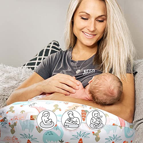 Boppy Original Support Nursing Pillow, Blush Pink Dinosaurs, Ergonomic Breastfeeding, Bottle Feeding, and Bonding, Firm Hypoallergenic Fiber Fill, Removable Cover, Machine Washable