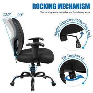 Bigroof Office Chair, Big and Tall Rolling Swivel Chair Ergonomic Mesh Computer Chair 400lbs with Adjustable Lumbar Support Arms High Back Wide Seat Task Executive Chair for Heavy People