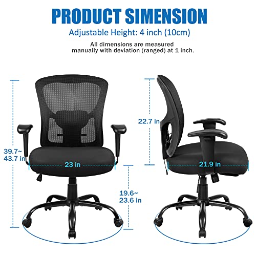 Bigroof Office Chair, Big and Tall Rolling Swivel Chair Ergonomic Mesh Computer Chair 400lbs with Adjustable Lumbar Support Arms High Back Wide Seat Task Executive Chair for Heavy People