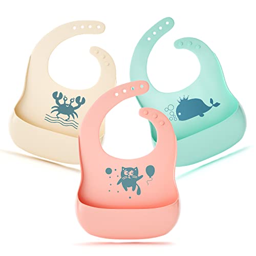 Haysofy Silicone Bibs, 3 Pack Silicone Baby Bib for Babies & toddlers, Soft Adjustable Fit Waterproof Bibs