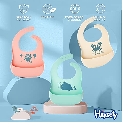 Haysofy Silicone Bibs, 3 Pack Silicone Baby Bib for Babies & toddlers, Soft Adjustable Fit Waterproof Bibs