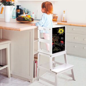 kids kitchen step stool with chalkboard & safety rail for toddlers 18 months and older, safety anti-slip protection, removable step stool for adult use, white